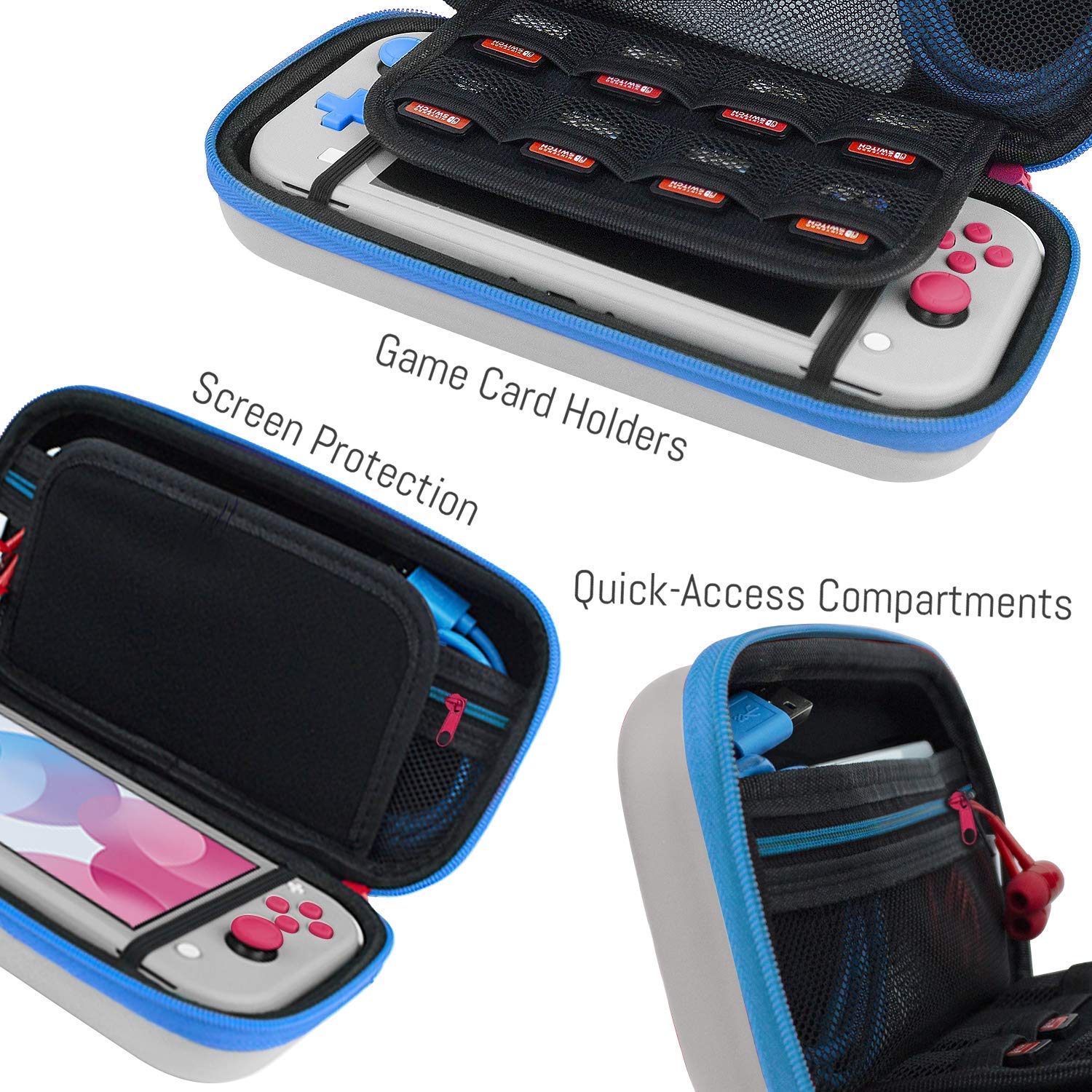 Orzly Case for Nintendo Switch Lite - Portable Travel Carry Case with Storage for Switch Lite Games and Accessories [Grey/Blue with a Tint of Pink Special Edition]