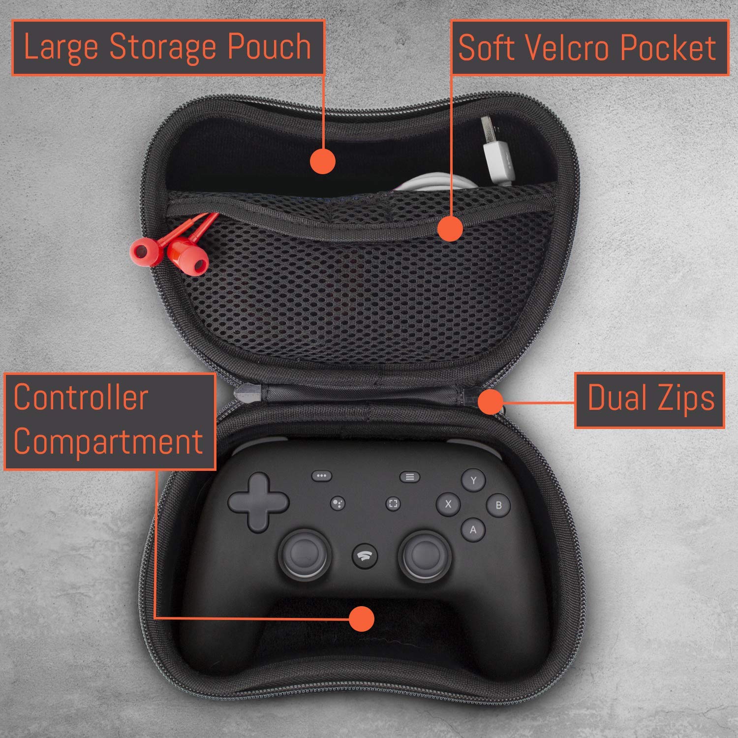 Orzly Case for Google Stadia Controller - Protective Case with Internal Storage Pocket for Charging Cable