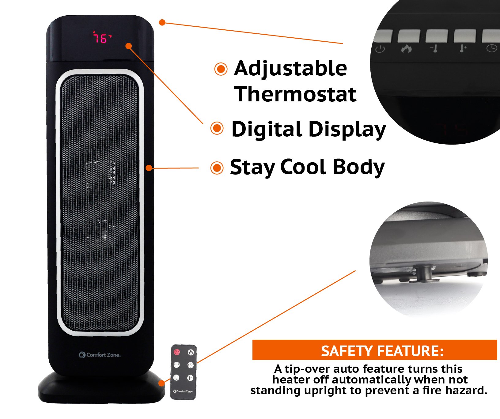 Oscillating Space Heater – Ceramic Forced Fan Heating with Stay Cool Housing - Tower with Remote Control, Digital Thermostat, Timer, Large Temperature Display and Efficient ECO Mode - by Bovado USA