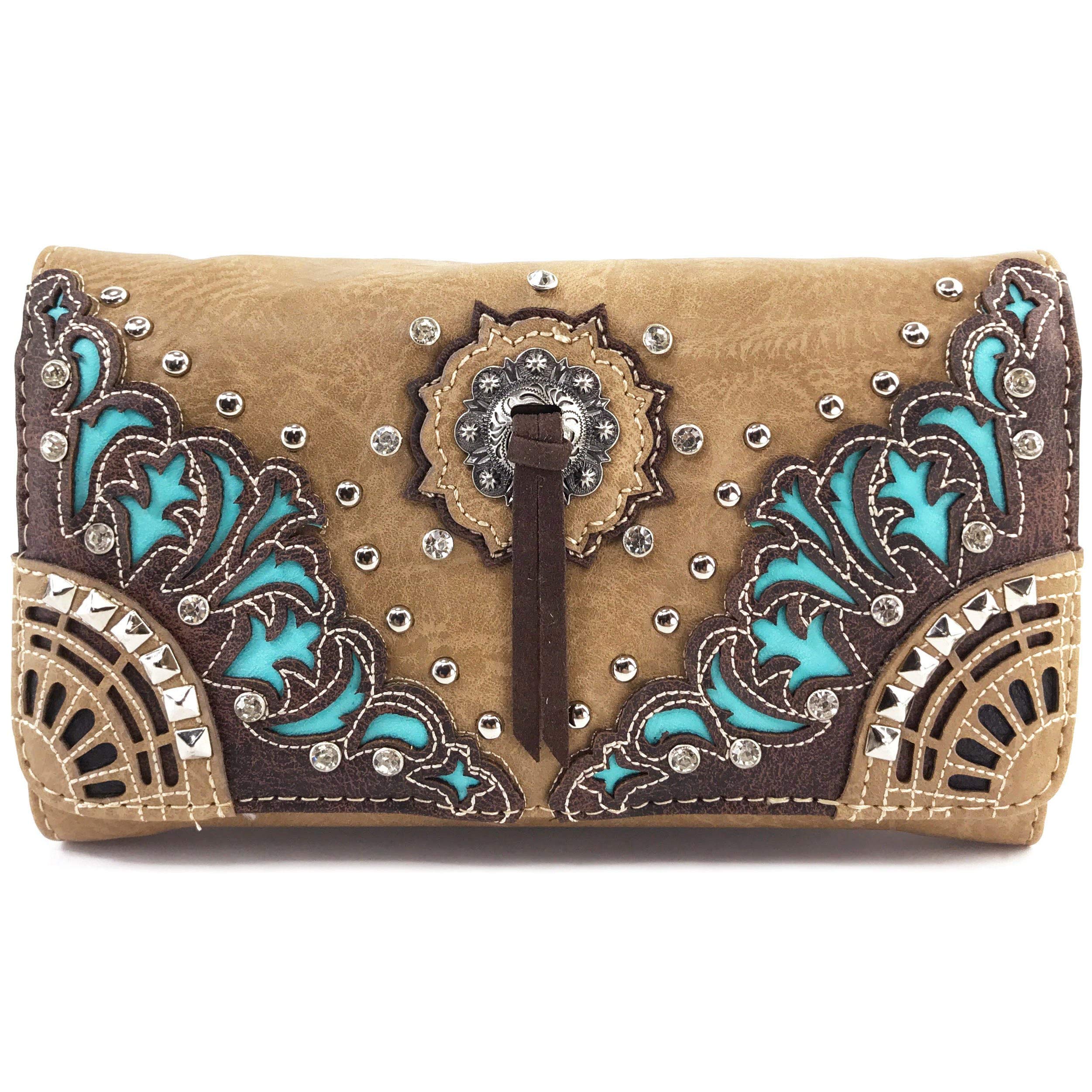 Zelris Autumn West Fringe Concho Women Crossbody Wrist Trifold Wallet (Tan)