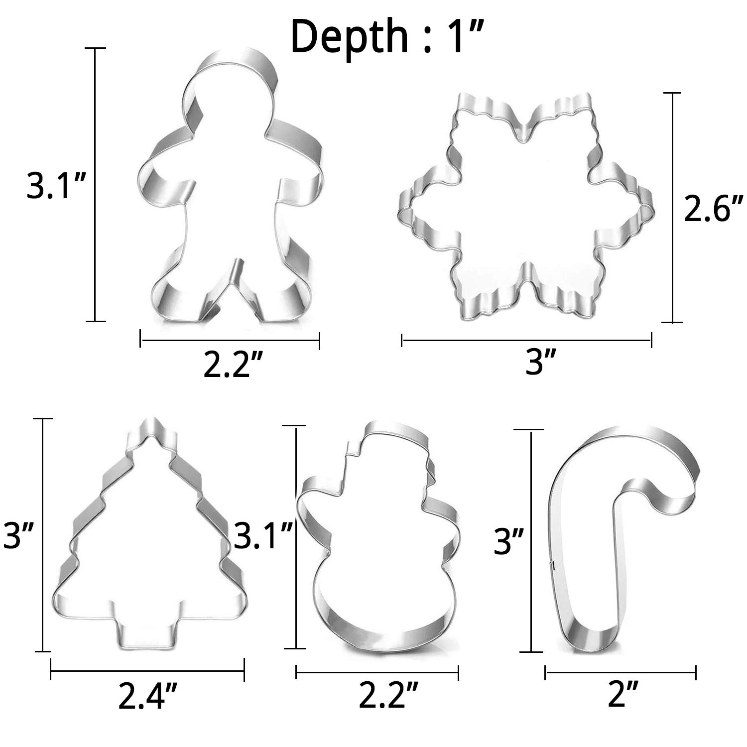 Christmas Cookie Cutter Set - 5 Piece Holiday Cookies Molds - Snowman, Christmas Tree, Gingerbread Man, Candy Cane, Snowflake