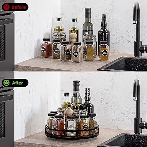 Lazy Susan Turntable Organizer for Cabinet Pantry Kitchen Countertop Table, 12" Wood Lazy Susan Spice Rack, Rustic Brown, Black