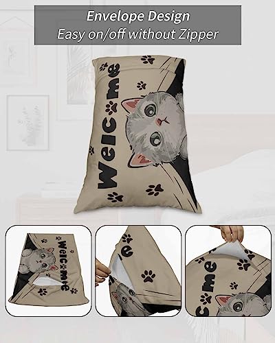 Edwiinsa Funny Cute Cat Pillow Covers Standard Size Set of 2 20x26 Bed Pillow, Black Paws Rustic Retro Beige Plush Soft Comfort for Hair/Skin Cooling Pillowcases with Envelop Closure