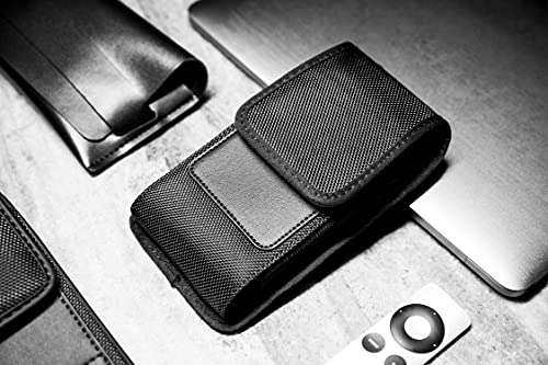 Meilib Belt Case for iPhone 14, 14 Pro, 13 Pro, 13, 12 Pro, 12, 11, XR, Nylon Cell Phone Belt Holder Holster Pouch Cover with ID Card Storage (Fits Phone with Protective Case on) Medium Black