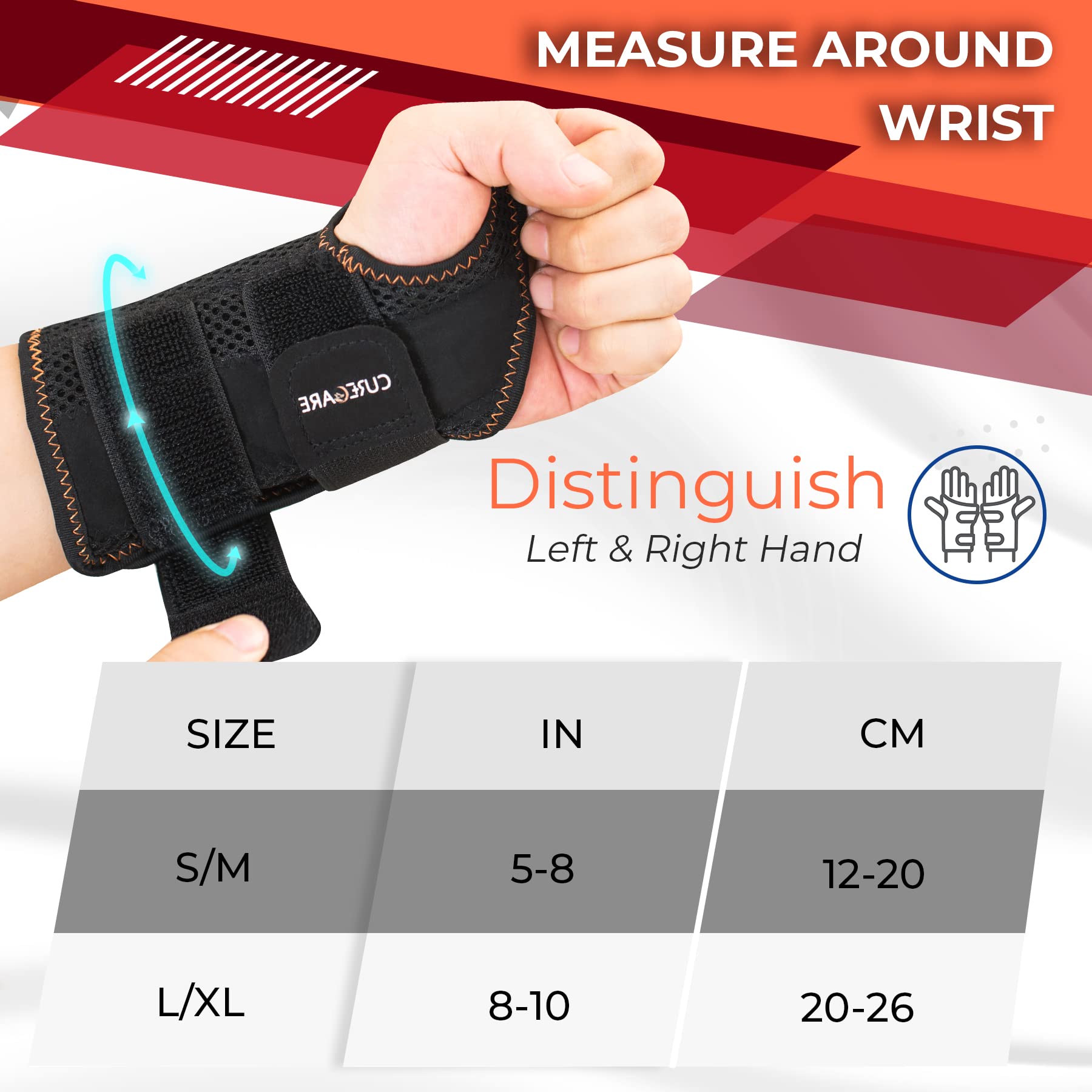 CURECARE Carpal Tunnel Wrist Brace Night Support, Wrist Support with 2 Adjustable Straps, Comfortable Wrist Brace for Tendonitis, Sprained Wrist, Injuries Recovery (Right Hand-Black, L/XL)
