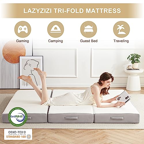 Lazyzizi Folding Mattress, 6 Inch Memory Foam Tri-fold Mattress with Breathable & Washable Bamboo Fiber Fabric Cover, Foldable Floor Mattress Guest Bed for Camping, Road Trip, Queen