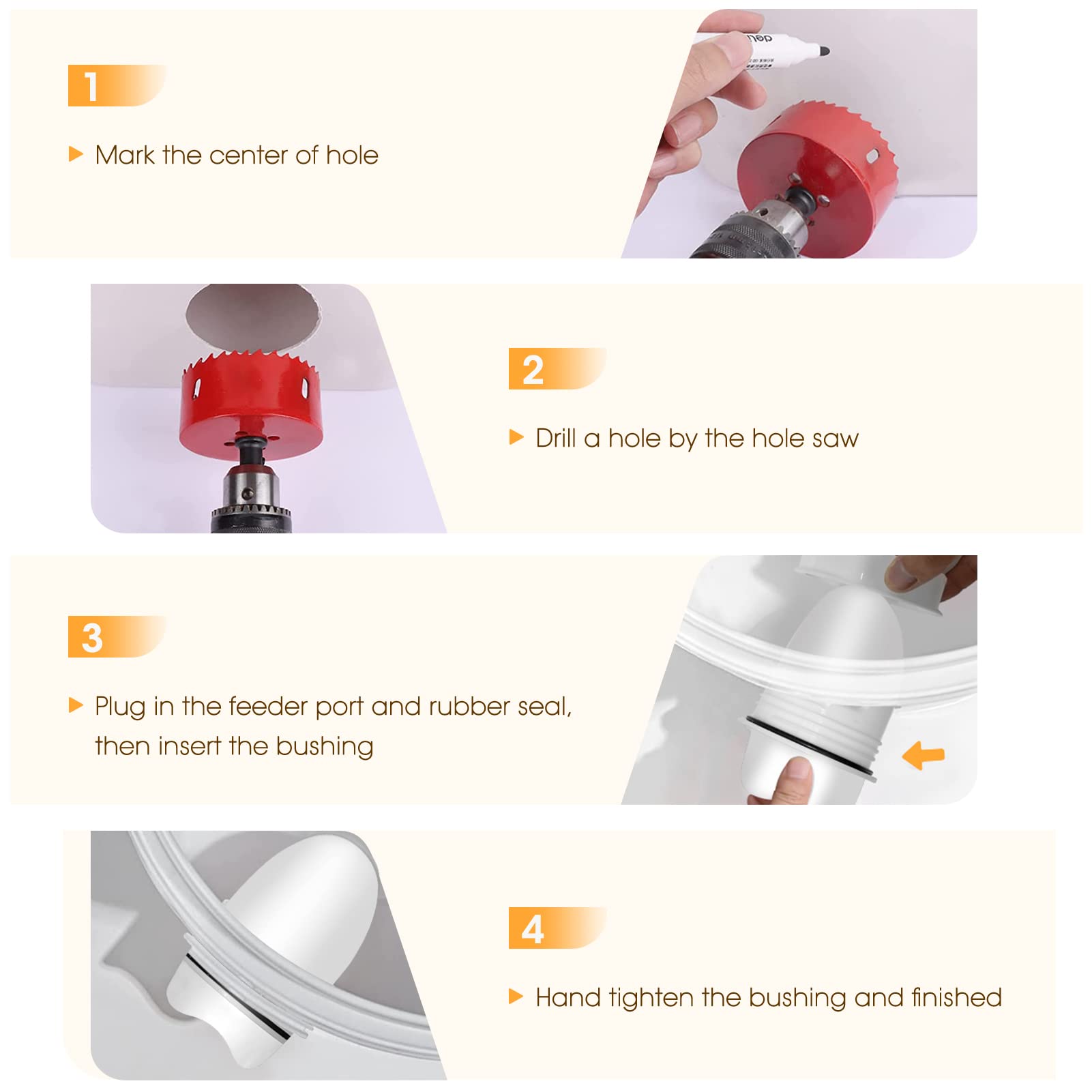 Chicken Feeder, Automatic Chicken Feeder and Waterer Set No Waste Rain Proof DIY Poultry Feeder with Rat Stopper Caps Chicken Water Feeder for Buckets, Barrels, Bins, Troughs 4Packs