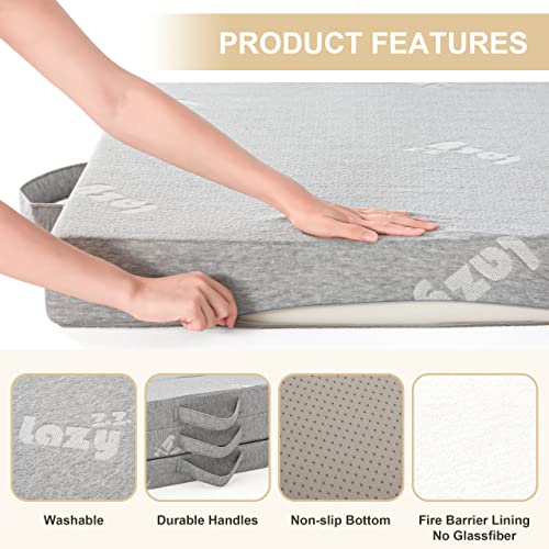 Lazyzizi Sleep 4 Inch Foldable Mattress, Portable Floor Mattress Couch with Headrest, Washable Cover, Foldable Foam Couch Full for Guest Bed, Folding Sofa Bed, Camping, Road Trip, Light Grey