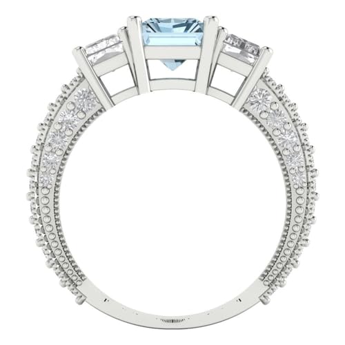 Clara Pucci 4.26 ct Emerald Cut Solitaire 3 stone Blue Simulated Diamond Engagement Promise Anniversary Bridal Ring 18K White Gold 6.75