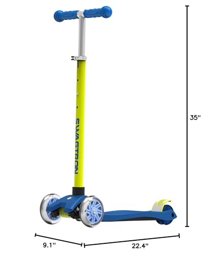Swagtron K5 3-Wheel Kids Scooter with Light-Up Wheels | Quick Assembly | ASTM-Certified | Height-Adjustable for Boys or Girls Ages 3+ (Blue)
