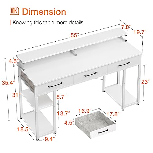 ODK Computer Desk with Drawers and Storage Shelves, 55 inch Home Office Desk with Monitor Stand, Modern Work Study Writing Table Desk for Small Spaces, White + White Leg