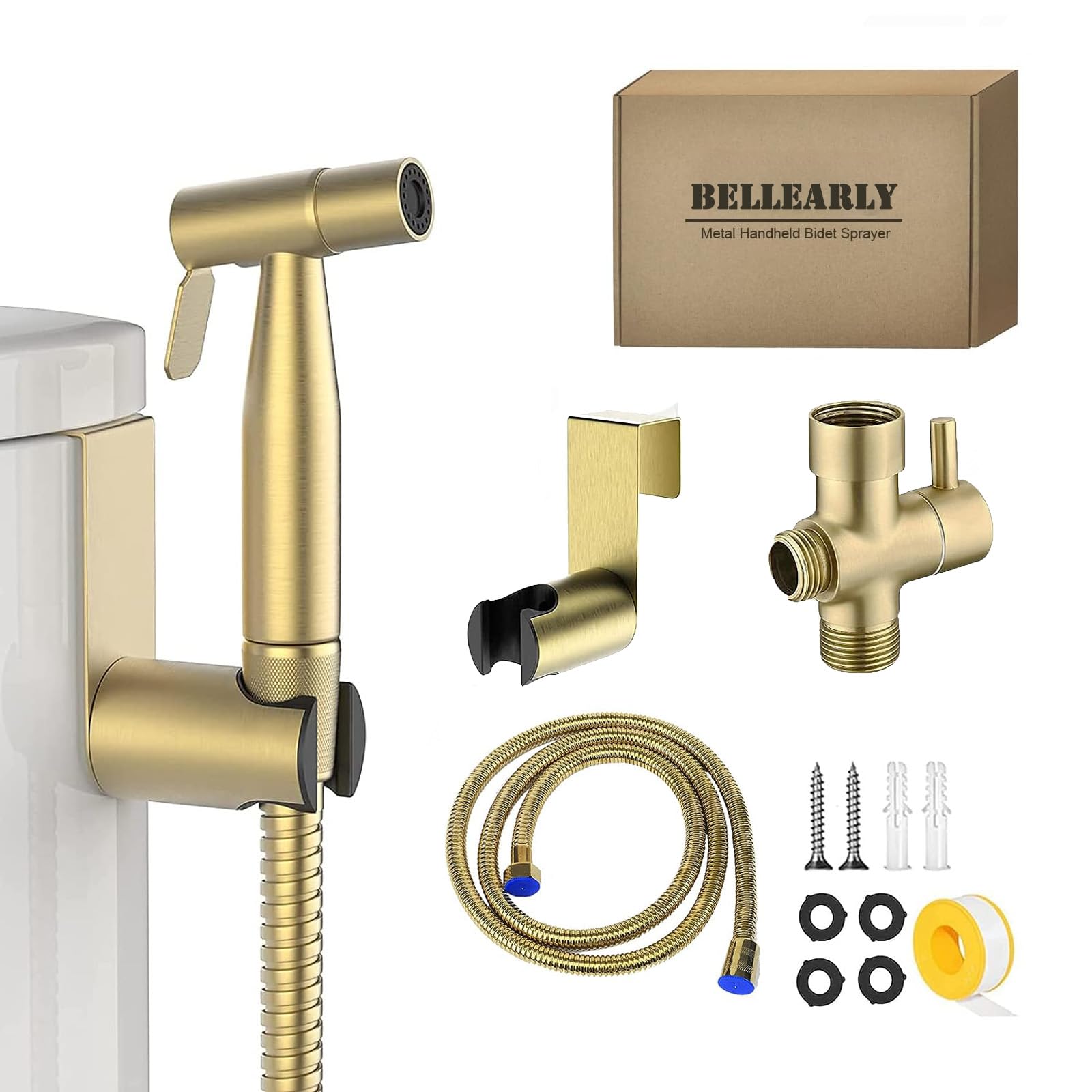 Handheld Bidet Sprayer Attachment for Toilet, Jet Sprayer Kit for Feminine Wash and Baby Diaper Cloth, Adjustable Water Pressure Control, Easy to Install, Gold, BELLEARLY