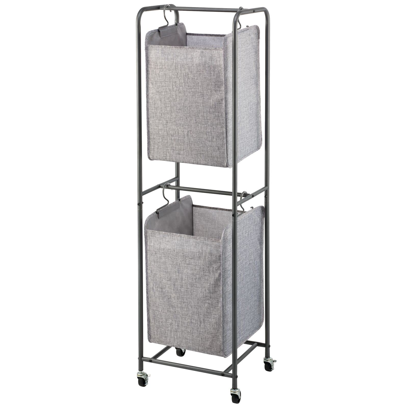 mDesign Vertical Stacked Laundry Hamper Basket with Wheels, Portable, 2 Removable Bags for Organizing Clothes, Laundry, Lights, Darks - Strong Metal Frame - Dark Gray
