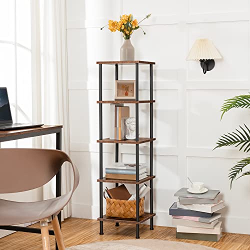 HOOBRO 5-Tier Corner Shelf Stand, Corner Square Rack Display Shelf, Tall Storage Rack Plant Stand, Corner Bookcase for Small Spaces, Living Room, Home Office, Kitchen, Rustic Brown and Black BF50CJ01