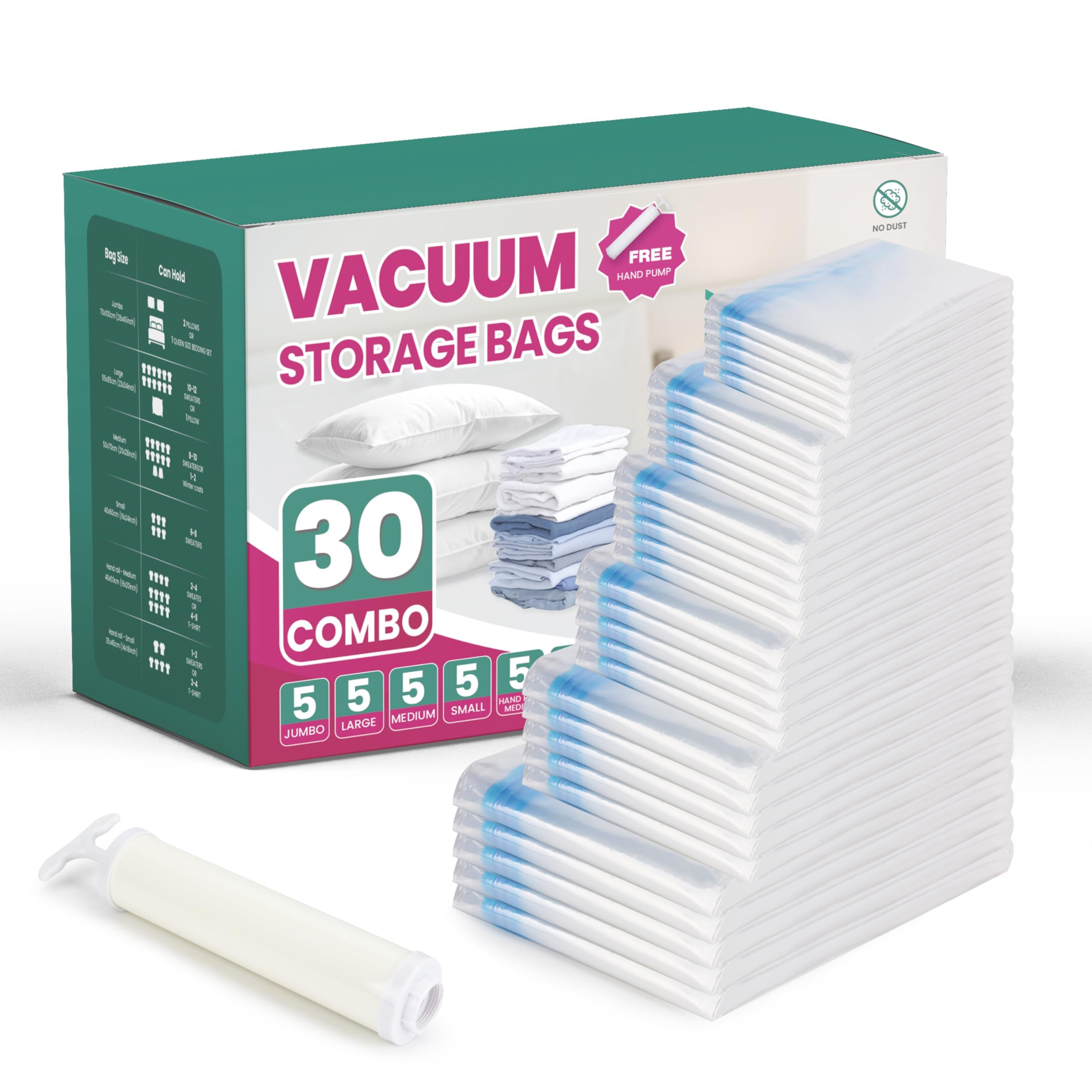 HealSmart Vacuum Storage Bags 30 Pack, Space Saver Storage Bags, Vacuum Sealed Storage Bags for Clothes, Comforters, Blankets and Pillows, Hand Pump Included (5 Jumbo/5 L/5 M/5 S/5 Roll M/5 Roll S)