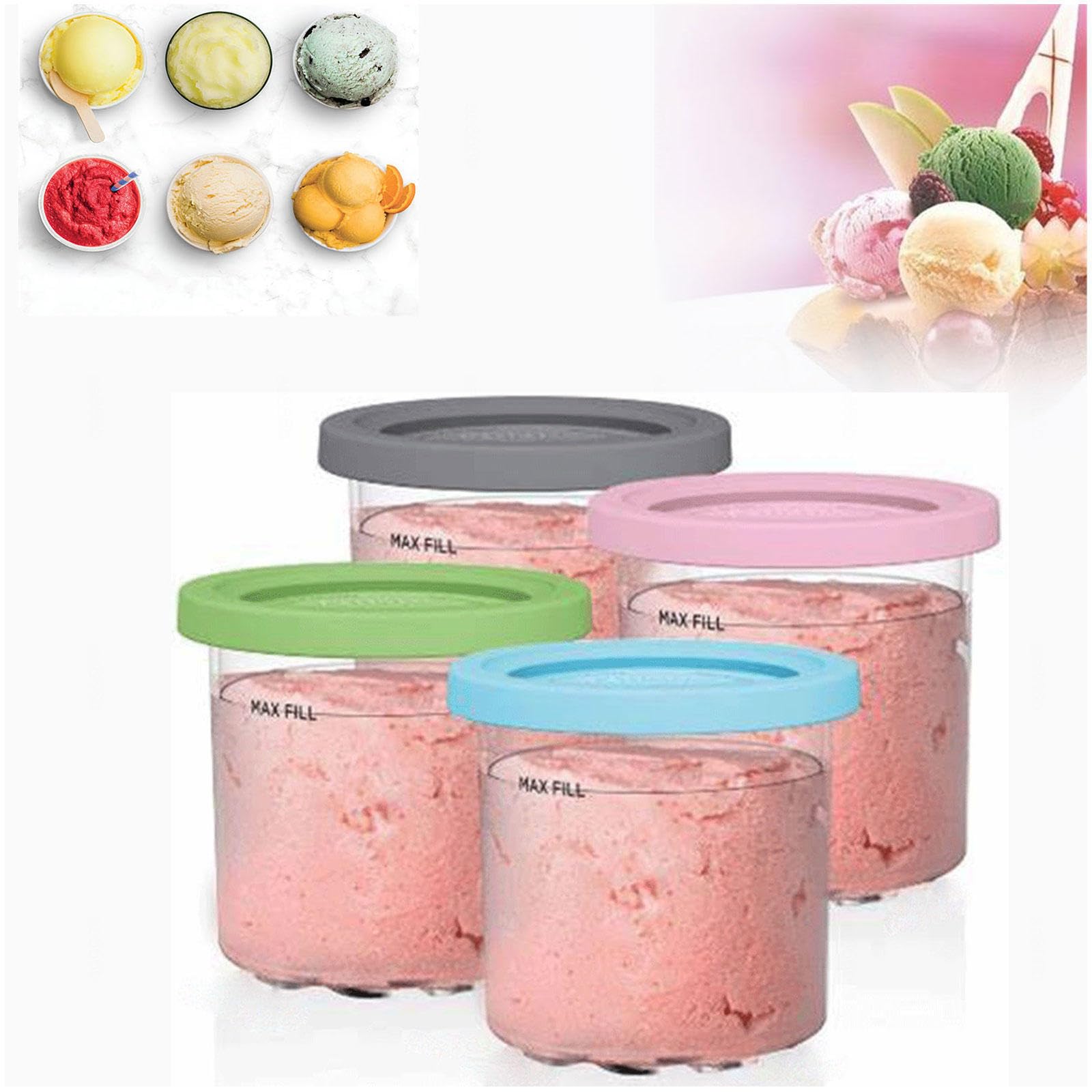 Creami Pints and Lids - 4 Pack, for Ninja Creami Deluxe,16 OZ Ice Cream Containers Pint Safe and Leak Proof Compatible with NC299AMZ,NC300s Series Ice Cream Makers