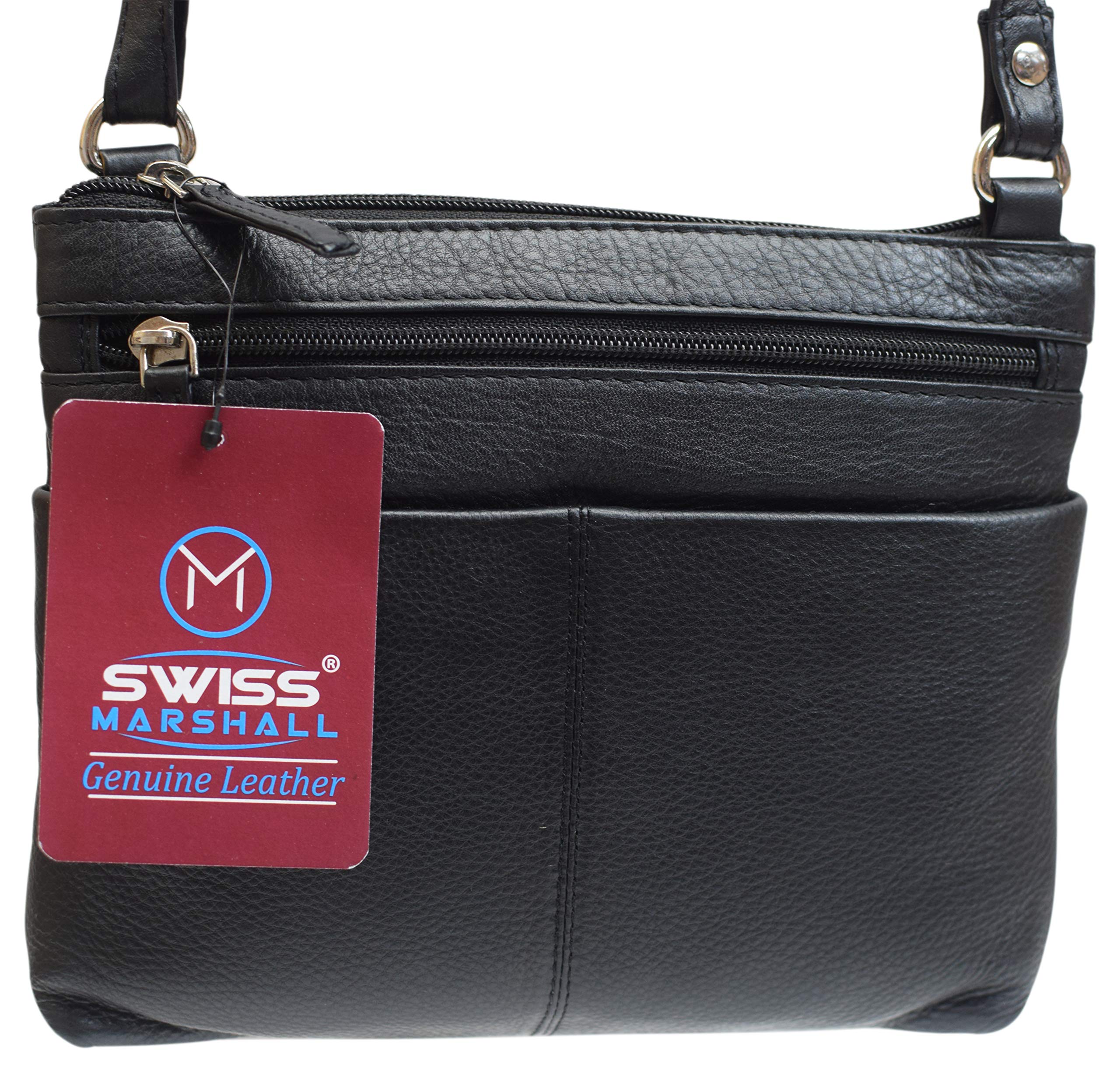 Swiss Marshall Womens Premium Leather Luxury Crossbody Shoulder Handbag Purse for Ladies (Black)