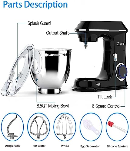 Zuccie 3-IN-1 Stand Mixer, 660W Mixers Kitchen Electric Stand Mixer include 8.5QT Bowl, Dough Hook, Beater, Whisk & Splash Guard, 6-Speed Dough Mixer for Most Home Cooks (Black)