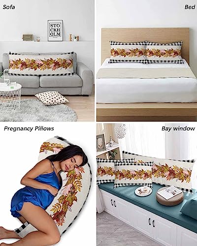 Edwiinsa Thanksgiving Pillow Covers Standard Size Set of 2 Bed Pillow, Farmhouse Fall Maple Leaf Black White Plaid Plush Soft Comfort for Hair/Skin Cooling Pillowcases with Envelop Closure 20''x26''