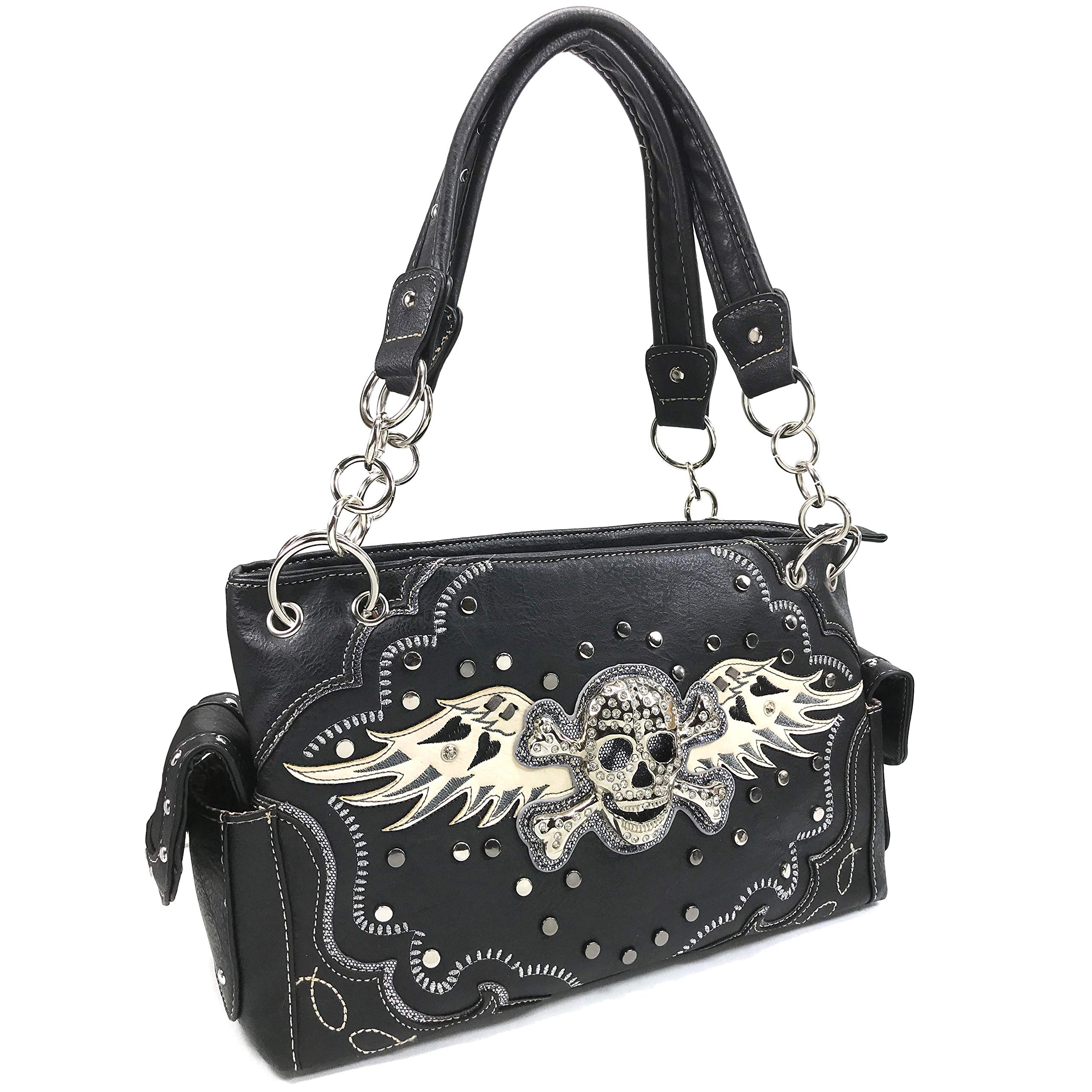 Zelris Skull Crossbones Angel Wings Heart Women Conceal Carry Handbag Wallet Set (Black)