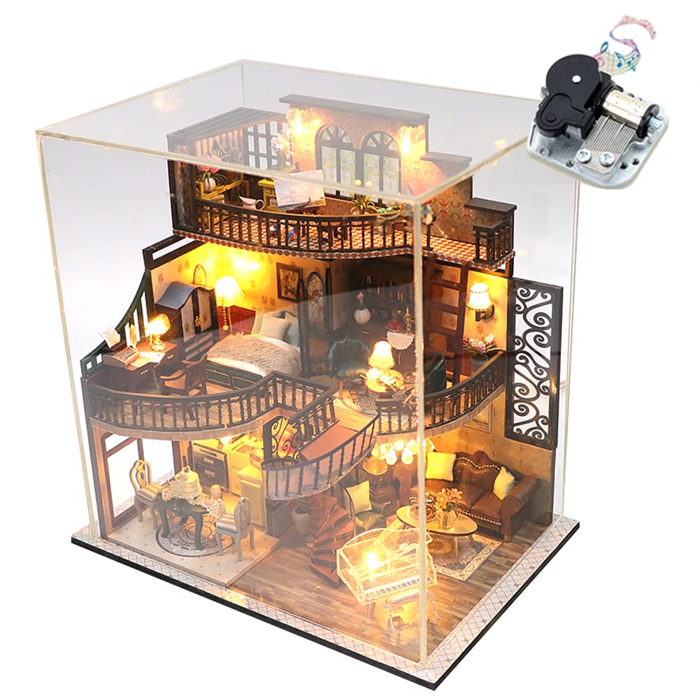 SYCW DIY Dollhouse Miniature Wooden Furniture Kit with Dust Cover and Music Box, Doll House Kit with LED Light, Mini Handmade Wooden Dollhouse Toys, Multicolored