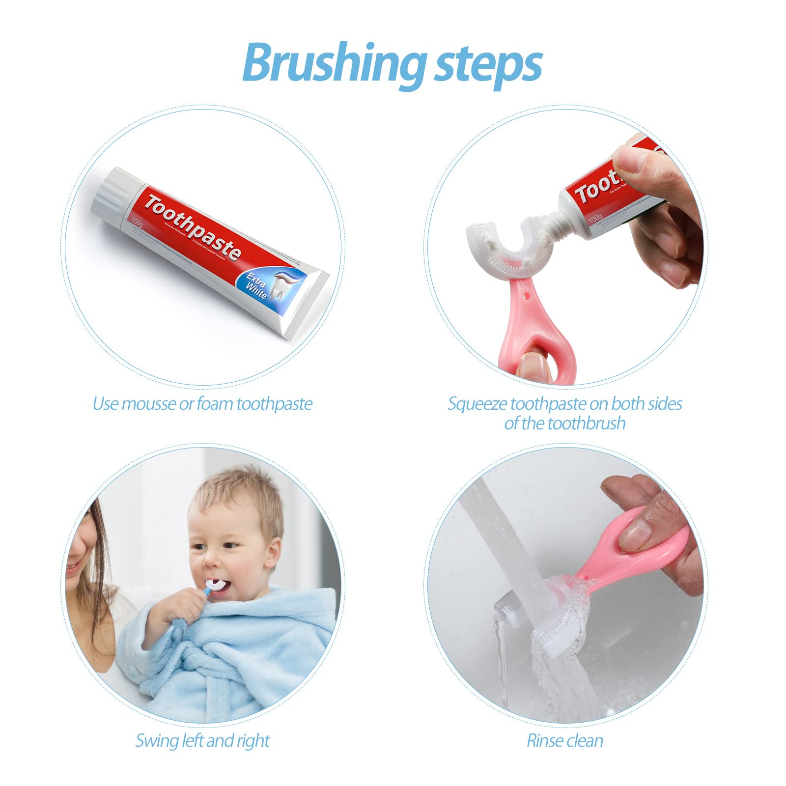 LEBEMPEL Kids U Shaped Toothbrush 2 Pcs Manual Toddler Toothbrushes 360° Oral Cleaning Tools Children Tooth Brush with Food Grade Soft Silicone Brush Head (Aged 2~6)