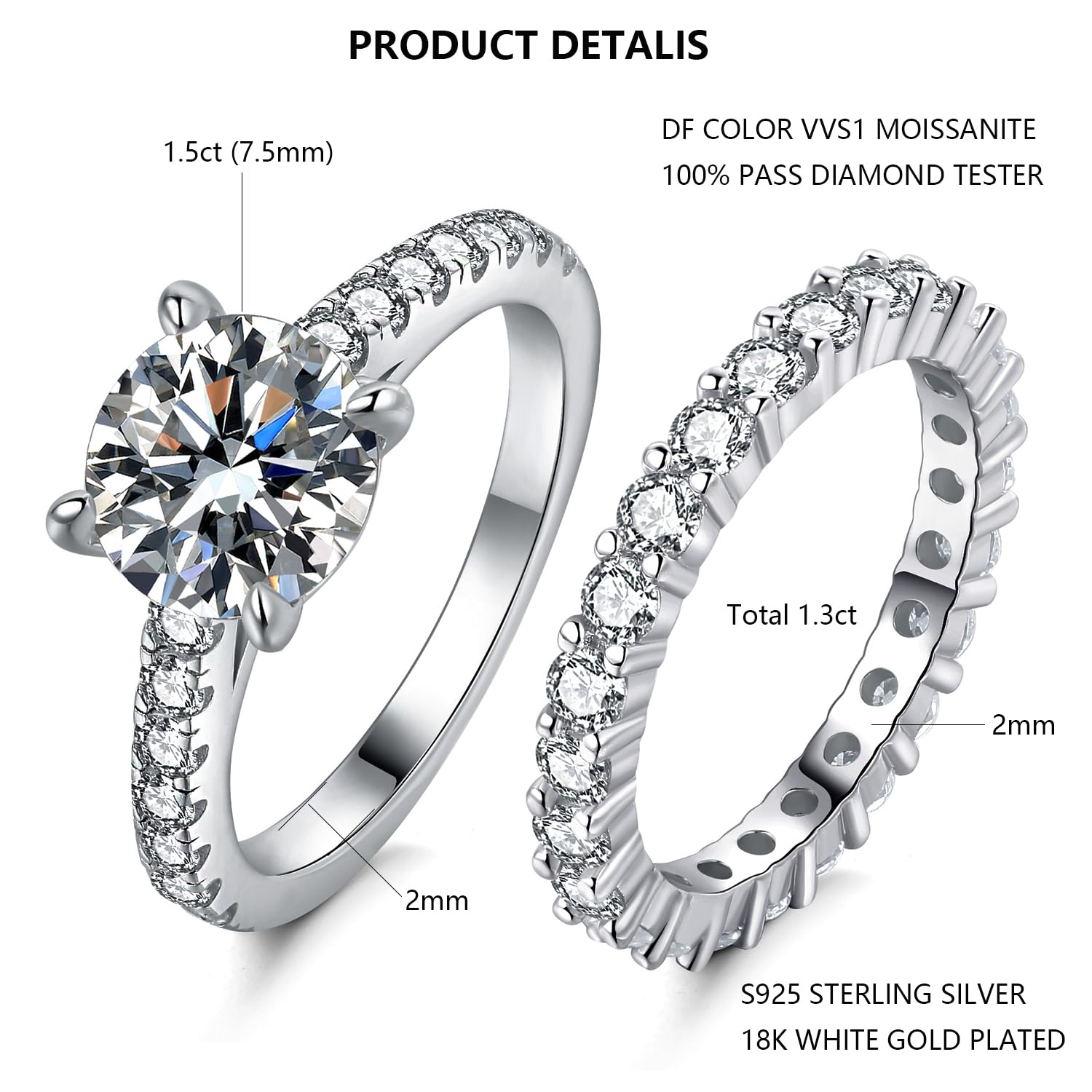 Ctarlitu 1.5CT Center Moissanite Stackable Engagement Rings Eternity Promise Wedding Ring D Color VVS1 Clarity 925 Sterling Silver Bridal Rings Sets for Women
