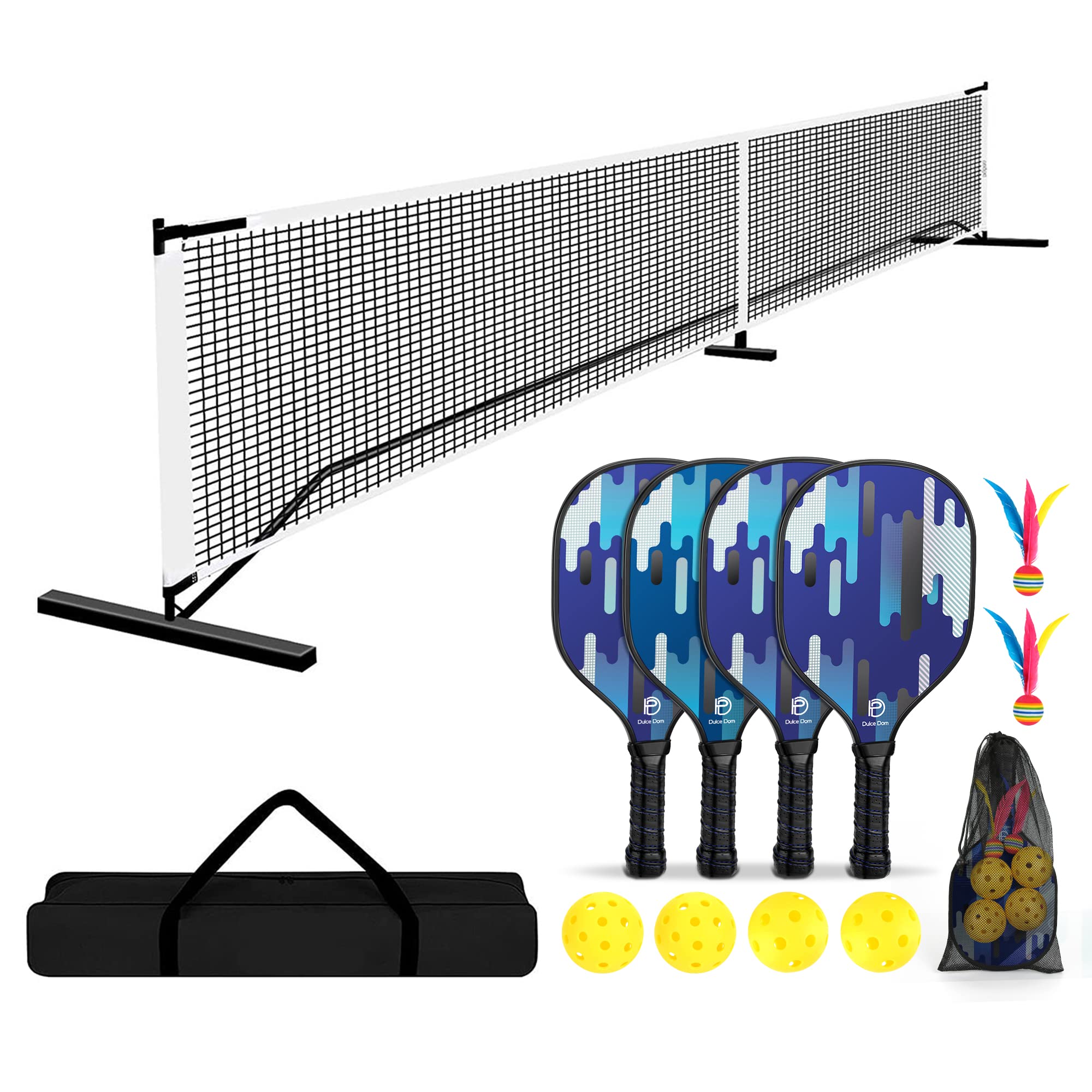 Dulce Dom Pickleball Paddles and Portable Nets Set, 4 Pickleball Paddles with 22FT Regulation Size, Indoor/Outdoor Balls Included