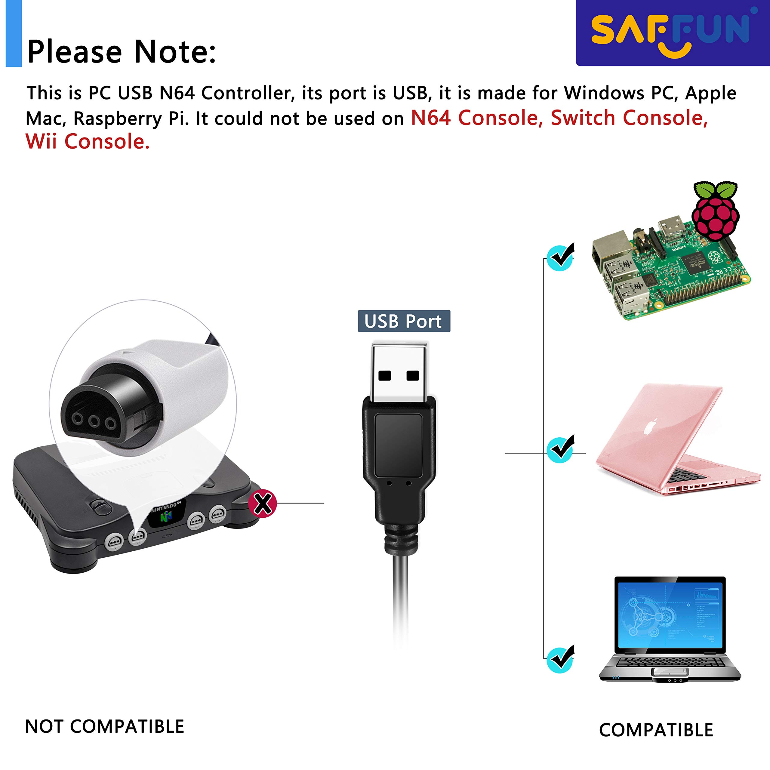 Classic N64 Controller, SAFFUN N64 Wired USB PC Game pad Joystick, N64 Bit USB Wired Game Stick Joy pad Controller for Windows PC MAC Linux Raspberry Pi 3 Sega Genesis (Clear Red)