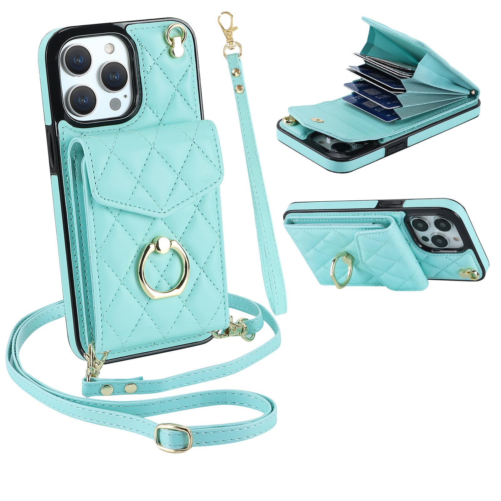 CHENRLIAN Compatible with iPhone 15 Pro Max Wallet Case, with Card Holder,Crossbody Case with Strap Wrist,Protective Leather Case with Ring for Apple iPhone 15 Pro Max, 6.7", 2023(Mint Green)