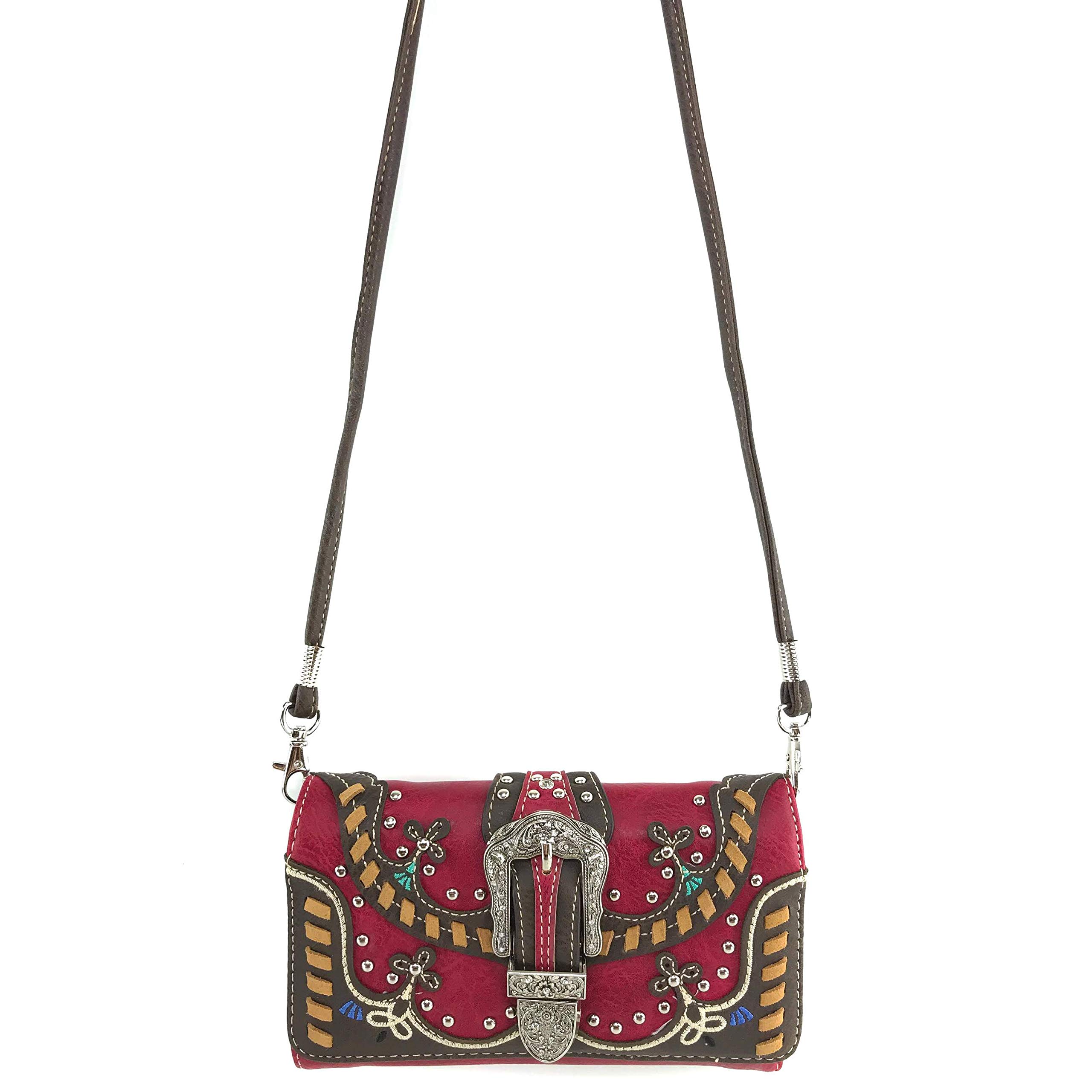 Zelris Western Moccasin Flower Buckle Women Crossbody Wrist Trifold Wallet (Rose Red)