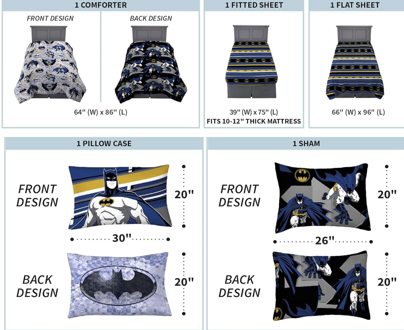 Franco Manufacturing Co. Inc. Batman 6 Pieces Twin Bed in a Bag Bedding Set, Blue, Black, Gray