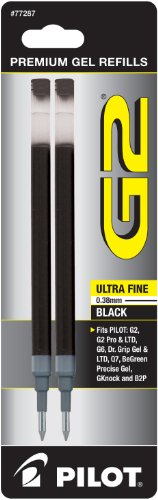 Pilot, G2 Gel Ink Refills, Ultra Fine Point 0.38 mm, Black, Pack of 2