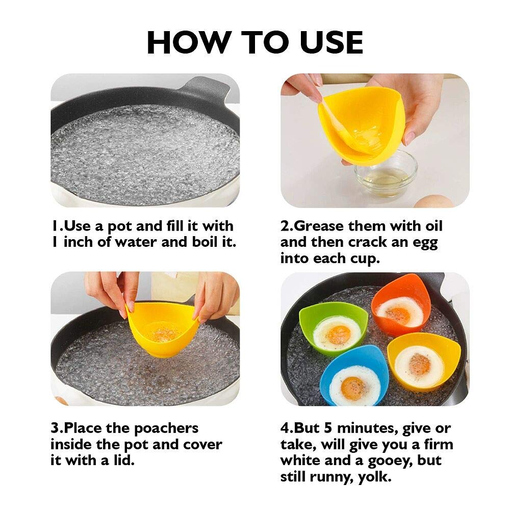 Egg Poacher - Poached Egg Cooker with Ring Standers, Food Grade Non Stick Silicone Egg Poaching Cup for Microwave or Stovetop Egg Poaching, with Extra Silicone Oil Brush, BPA Free, 4 Pack