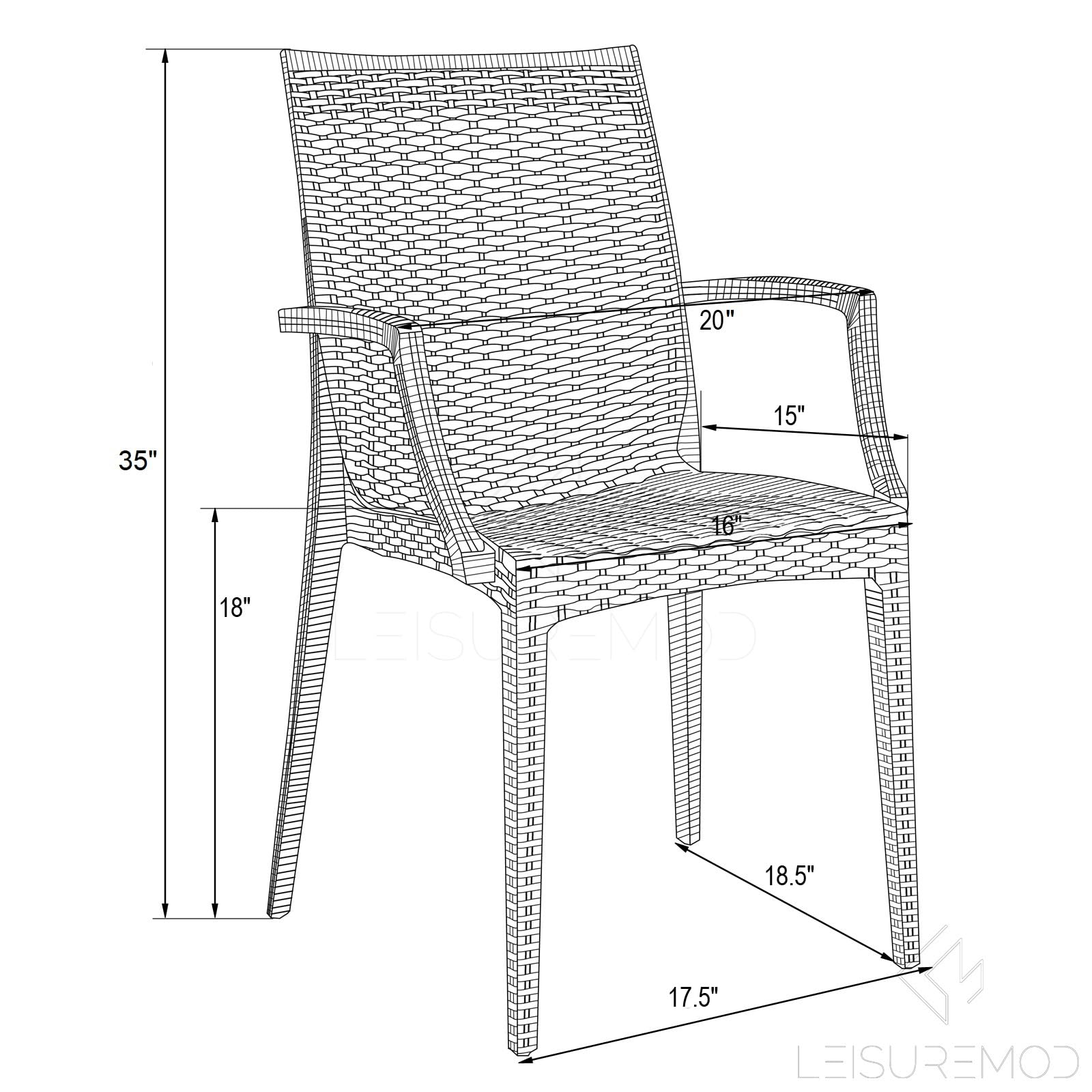 LeisureMod Hickory Weave Indoor Outdoor Patio Dining Side Armchair Set of 2 (Black)