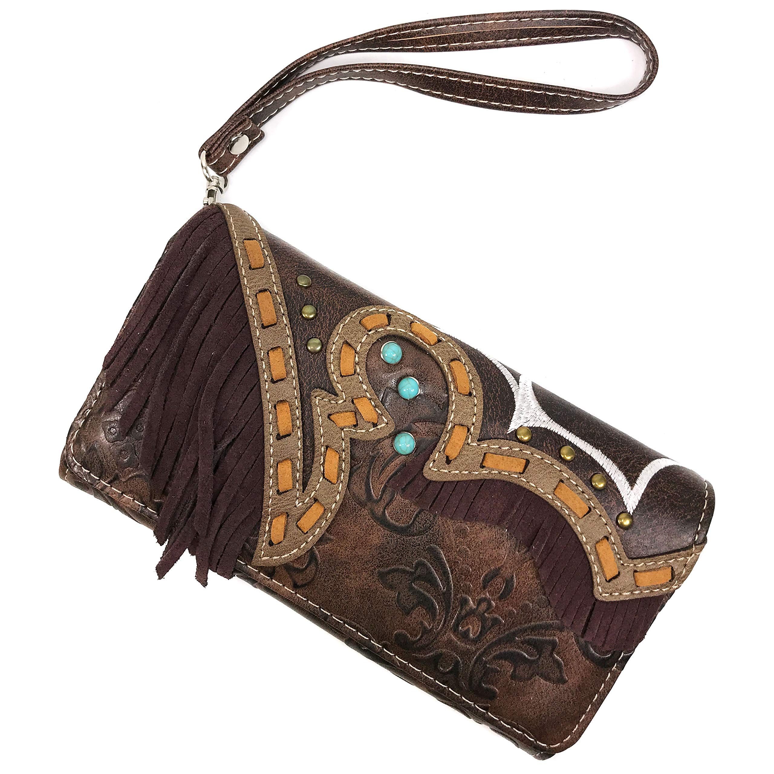 Zelris Women Shoulder Handbag Wallet Set Turquoise Concho Suede Fringe Two Tone Cowgirl Conceal Carry Purse (Western Brown)