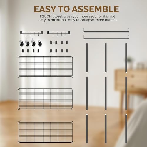 FSUON Heavy Duty Rolling Garment Rack, 1" Diameter Rods, 3 Tiers Adjustable Wire Shelving Clothes Rack with Double Rods and Side Hooks, Freestanding Wardrobe for Hanging Clothes, Black