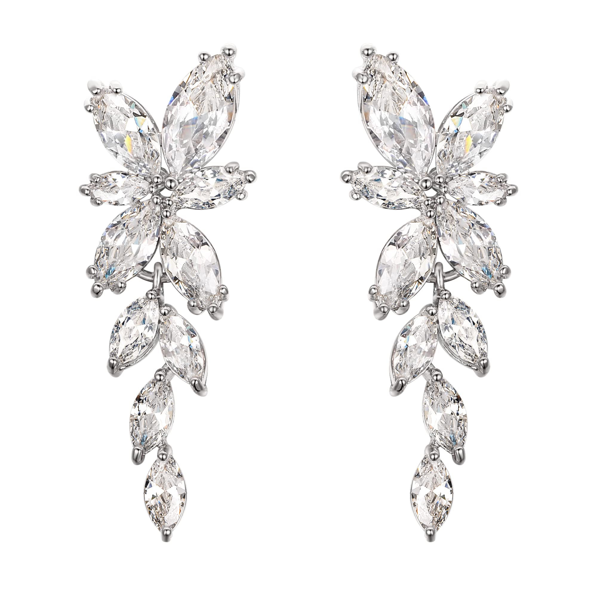 Crysdue Marquise Cubic Zirconia Bridal Dangle Earrings, Wedding Earrings for Brides Bridesmaids, Formal Drop Earrings for Women Prom Pageant Clear Silver-Tone
