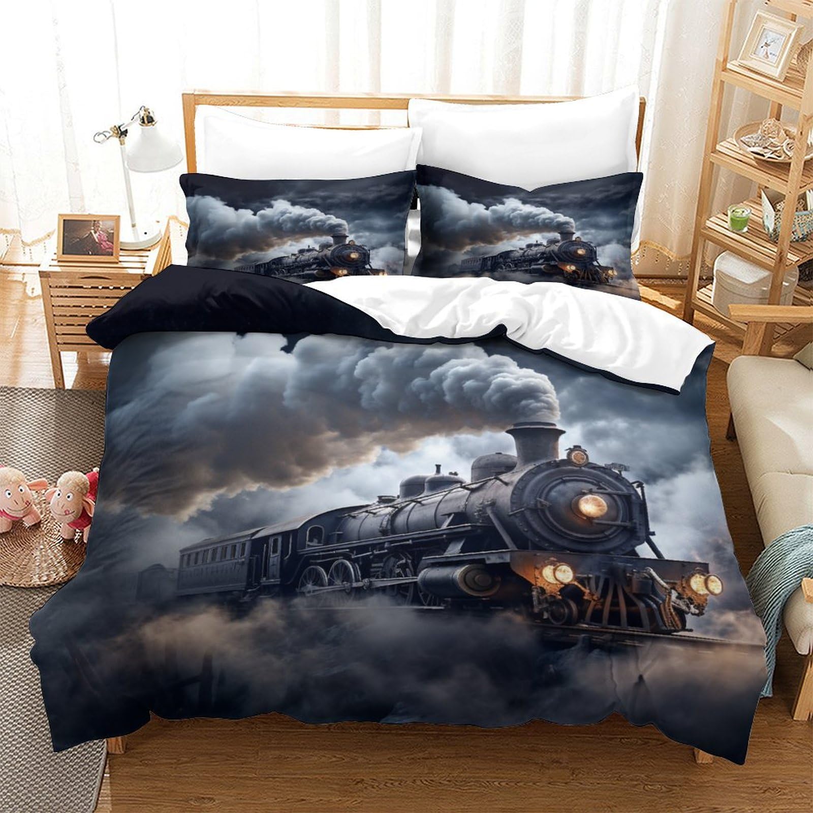 EVMILA Steam Train Comforter Covers Duvet Cover Quilt Cover for Boys Girls 3D Printed Steampunk Bedding Set with Zipper Closure Soft Microfiber with Pillow Cases 3 Pieces Twin(173x218cm)