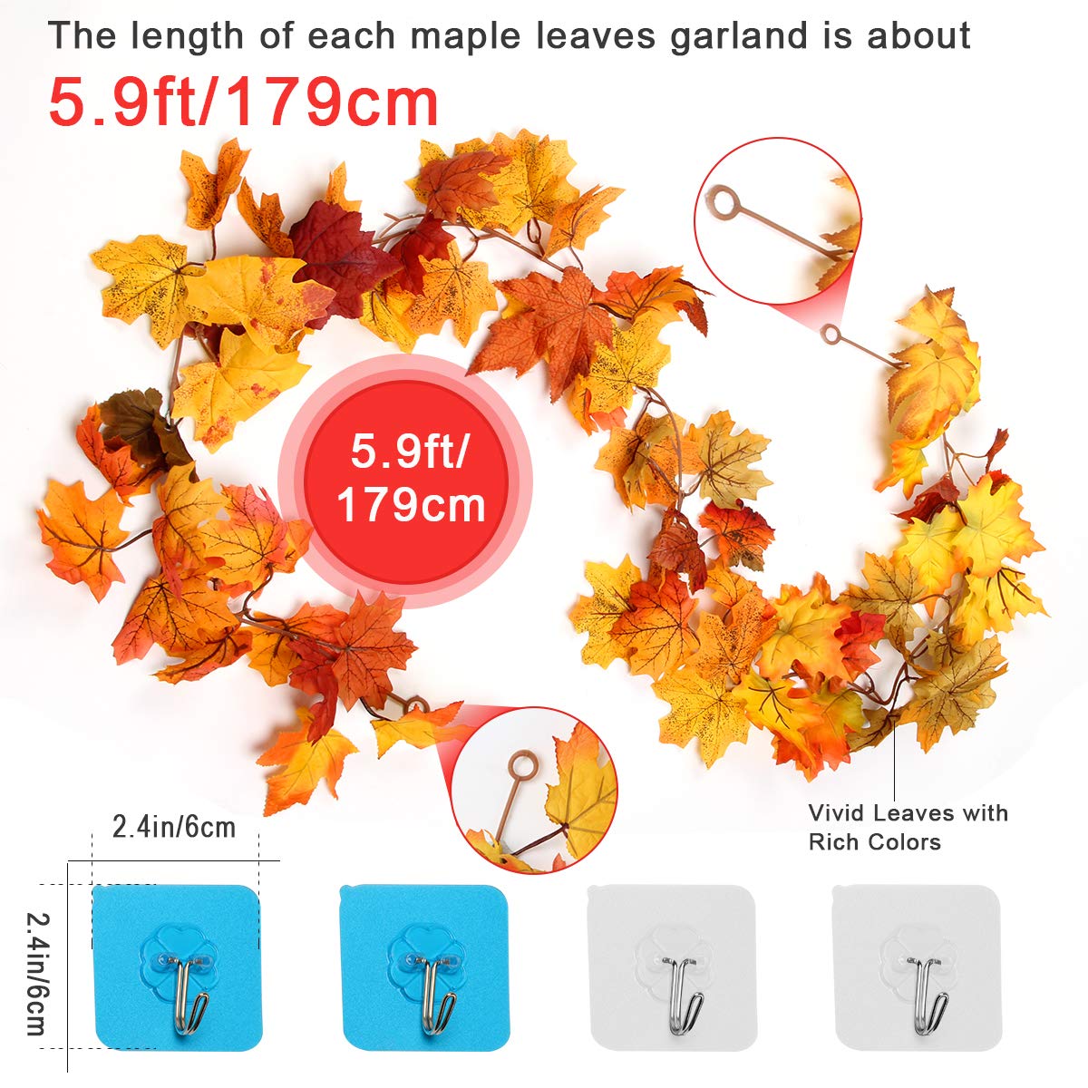 Coolrunner 2 Pcs Fall Maple Leaf Garland, Artificial Fall Leaves Garland, 5.9FT Hanging Vine Garland Artificial Autumn Foliage Garland for Home Garden Wall Doorway Backdrop Fireplace Thanksgiving Dec