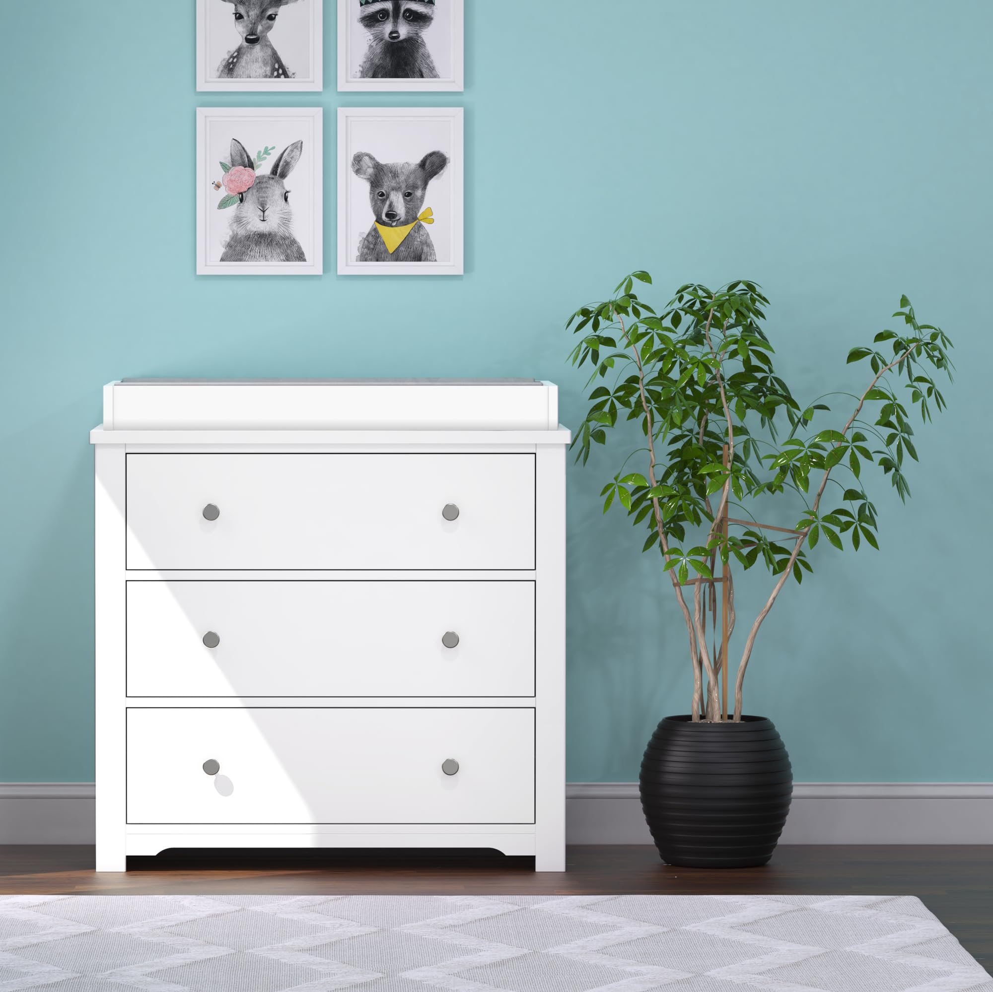 Child Craft Scout 4-Piece Nursery Set with 4-in-1 Convertible Crib, Dresser with Changing Table Topper, Cozy Glider, and Toy Box, Grows with Your Baby (Matte White)