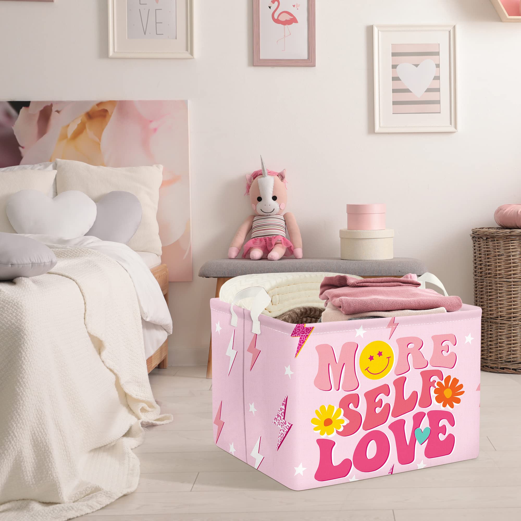 Clastyle Pink Mothers Day Gift Basket Flower Star Love Preppy Shelf Basket Rectangle Clothes Books Toys Chest