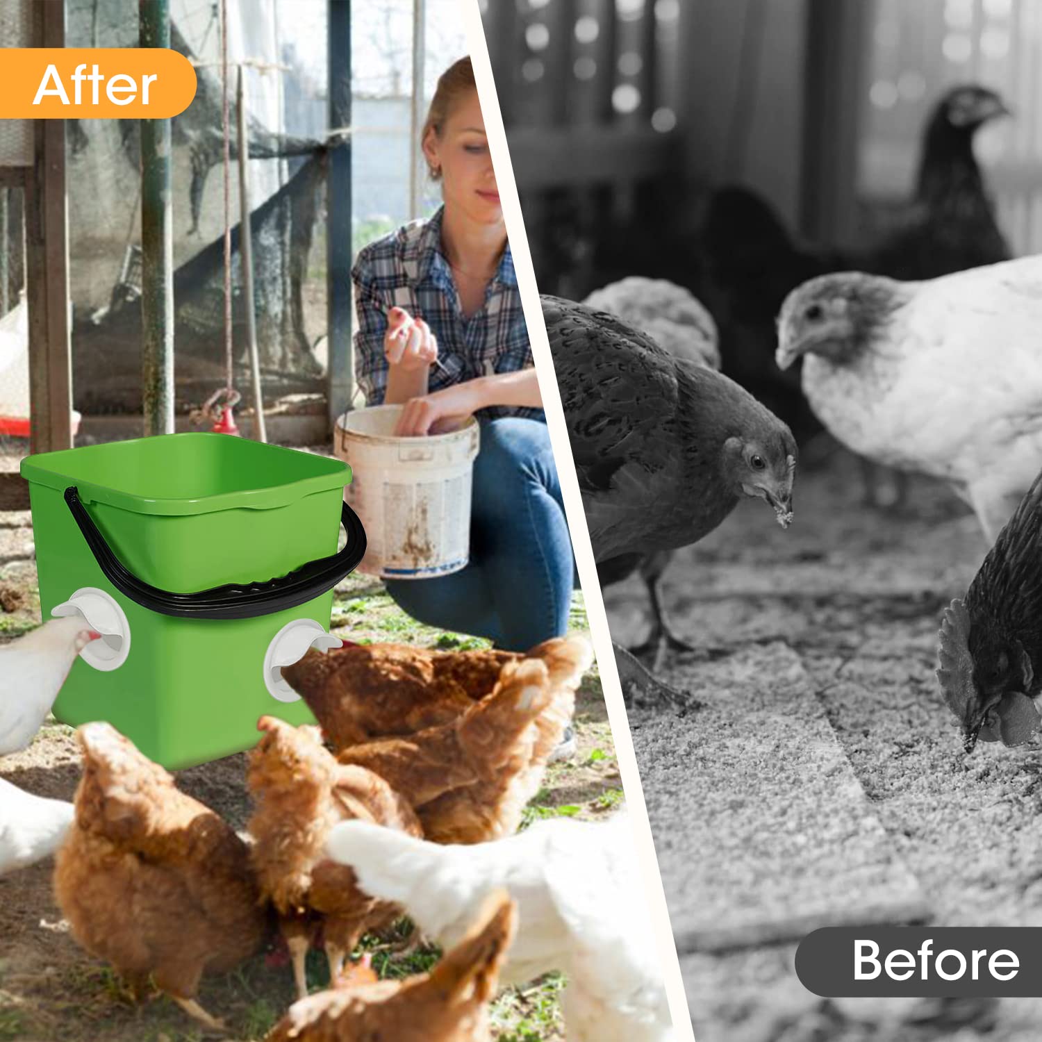 Chicken Feeder, Automatic Chicken Feeder and Waterer Set No Waste Rain Proof DIY Poultry Feeder with Rat Stopper Caps Chicken Water Feeder for Buckets, Barrels, Bins, Troughs 4Packs