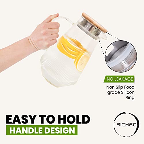 Richro Glass Pitcher with Lid - Elegant Glass Water Carafe with Lid - Durable & Sturdy Glass Water Pitcher - 55 Oz Heat Resistant Glass Carafe for Hot/Cold Beverages, Coffee,Juice, Iced Tea Pitcher,