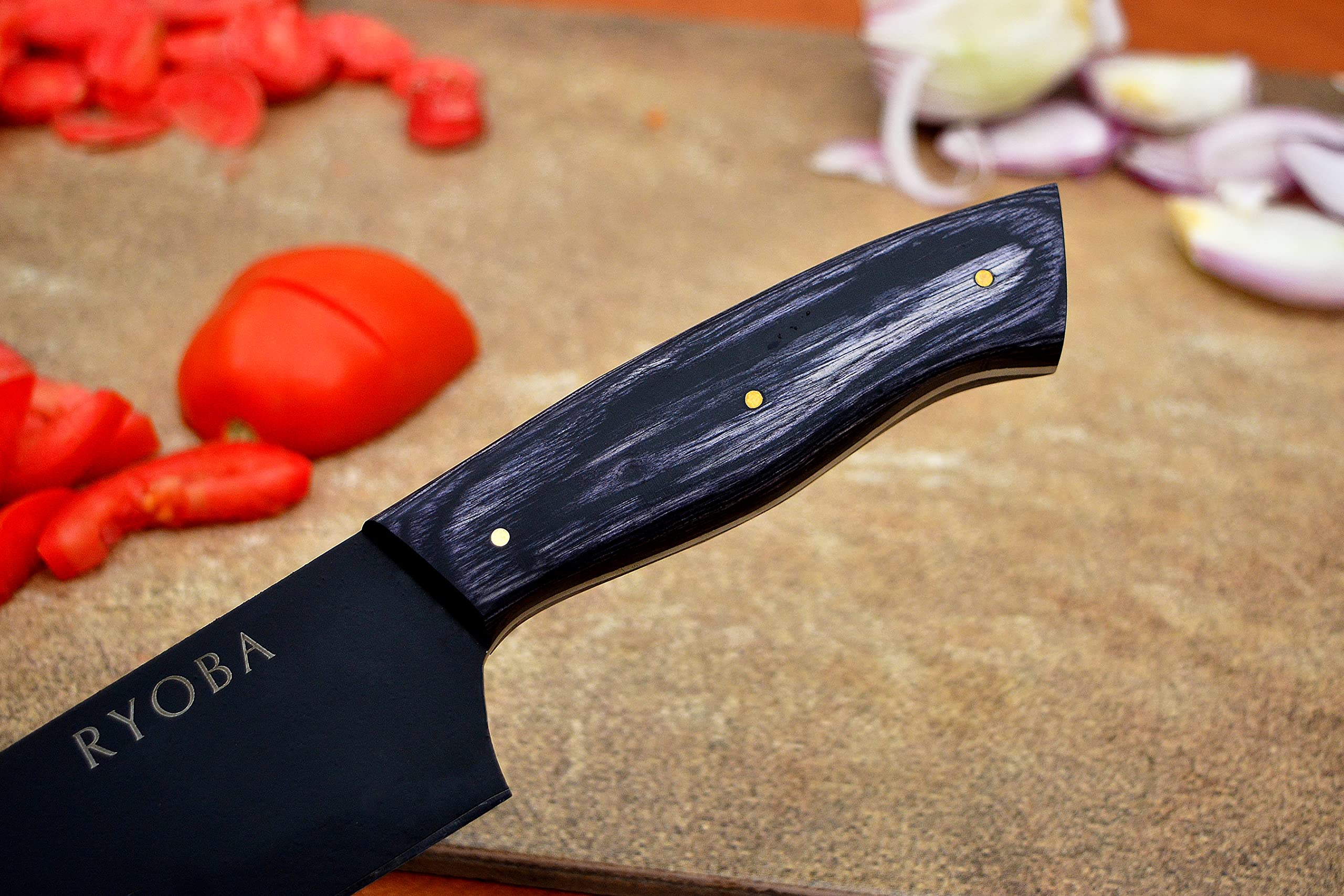 RYOBA Chef Knife 8 inch Kitchen Knife Ultra Sharp High Carbon Stainless steel Japanese chef knife with Finger Guard-Titanium Plated Black Chef Knife WITH Sheath and Sharpener in Gift Box