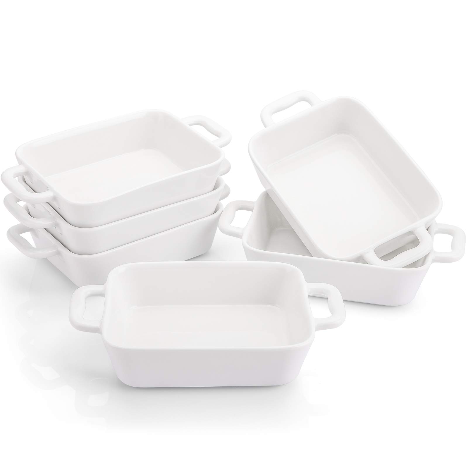 Foraineam 6 Pieces Bakeware Set, White Porcelain Souffle Dishes Creme Brulee Ramekins, 6-1/4 x 4-3/4 inch Rectangular Baking Pans with Double Handles