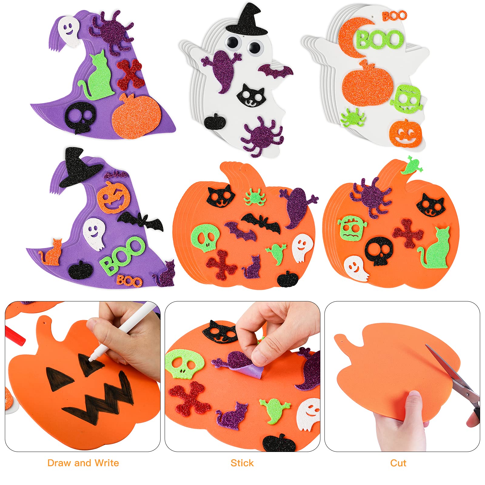 Max Fun 302PCS Halloween Crafts for Kids Foam Pumpkins Stickers Bulk, Ghost Witch Hat Halloween Decorations for Kids Party Favors Supplies Halloween Activities