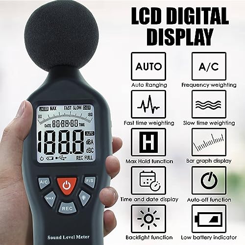 Decibel Meter, Sound Level Meter CD Software Audio Decibel Noise Measure Tester 30 β 130 dB Audio Noise Measuring Range with Backlit LCD Display, Data Record Function
