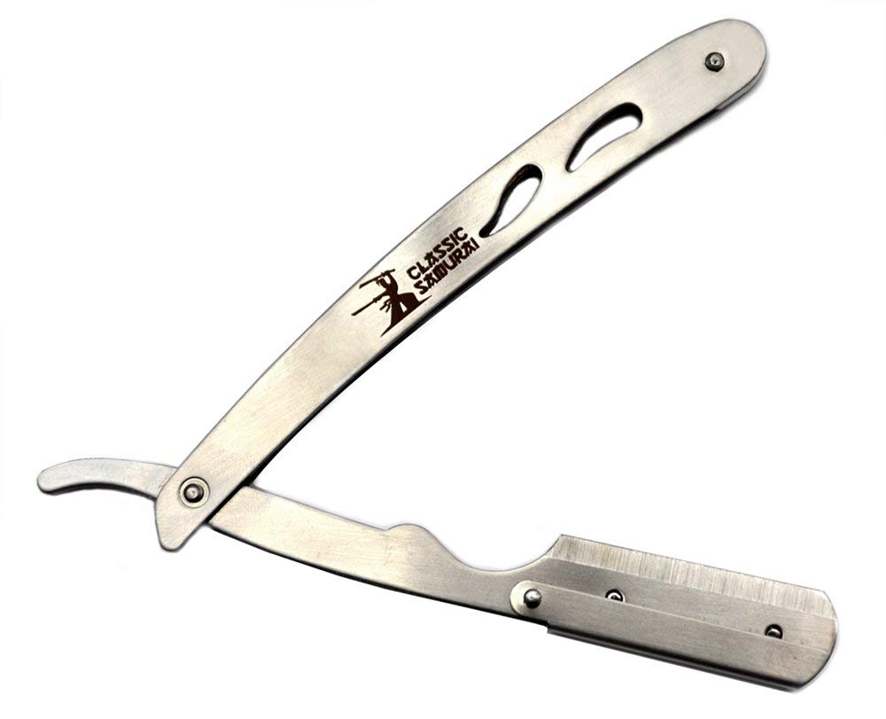 Classic Samurai CS-102 Stainless Steel Professional Barber Straight Edge Razor with 15 Astra Double Edge Razor Blades (Silver + 15 Astra Blades)