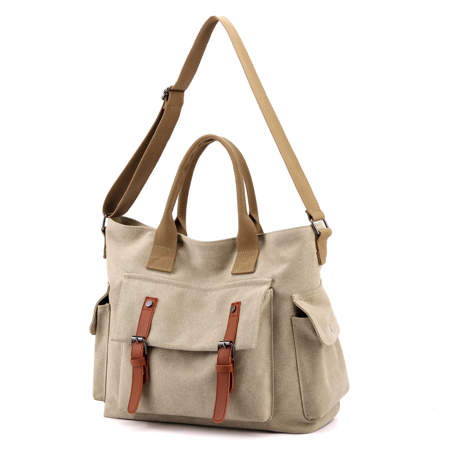 Eamom Canvas Handbags for Women Multi Pocket Crossbody Bags for Women Canvas Shoulder Bag (Khaki)